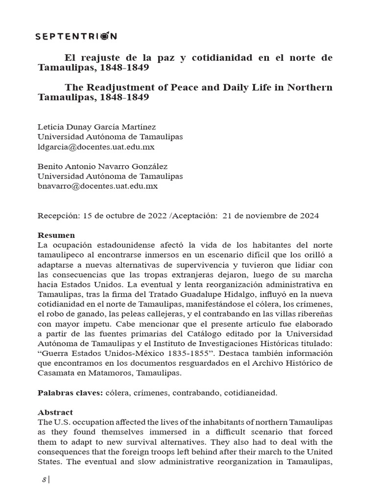 El Reajuste de La Paz y Cotidianidad en El Norte de Tamaulipas, 1848 ...