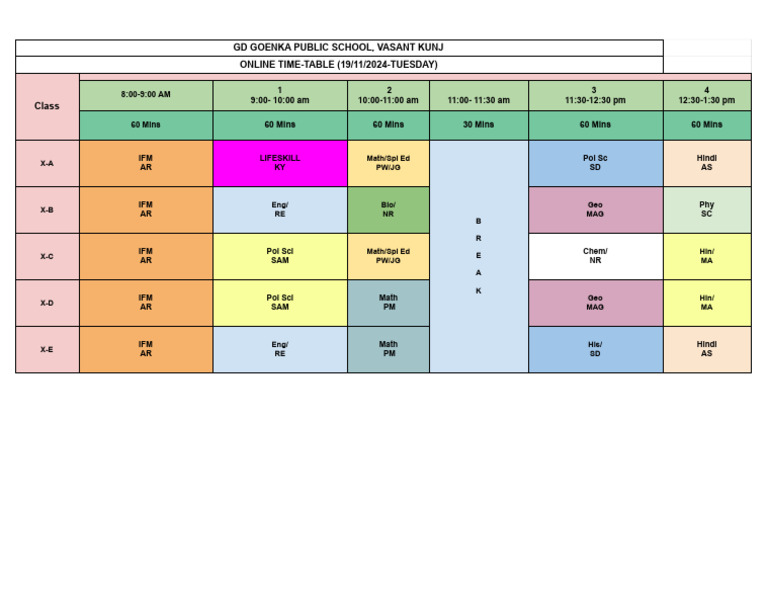 GD Goenka Vasant Kunj Class X Timetable | PDF