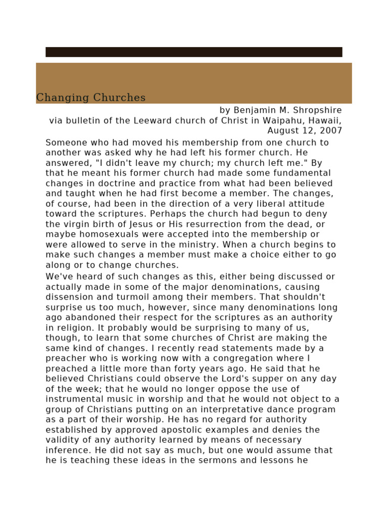 Changing Churches | PDF | Churches Of Christ | Christian Denomination