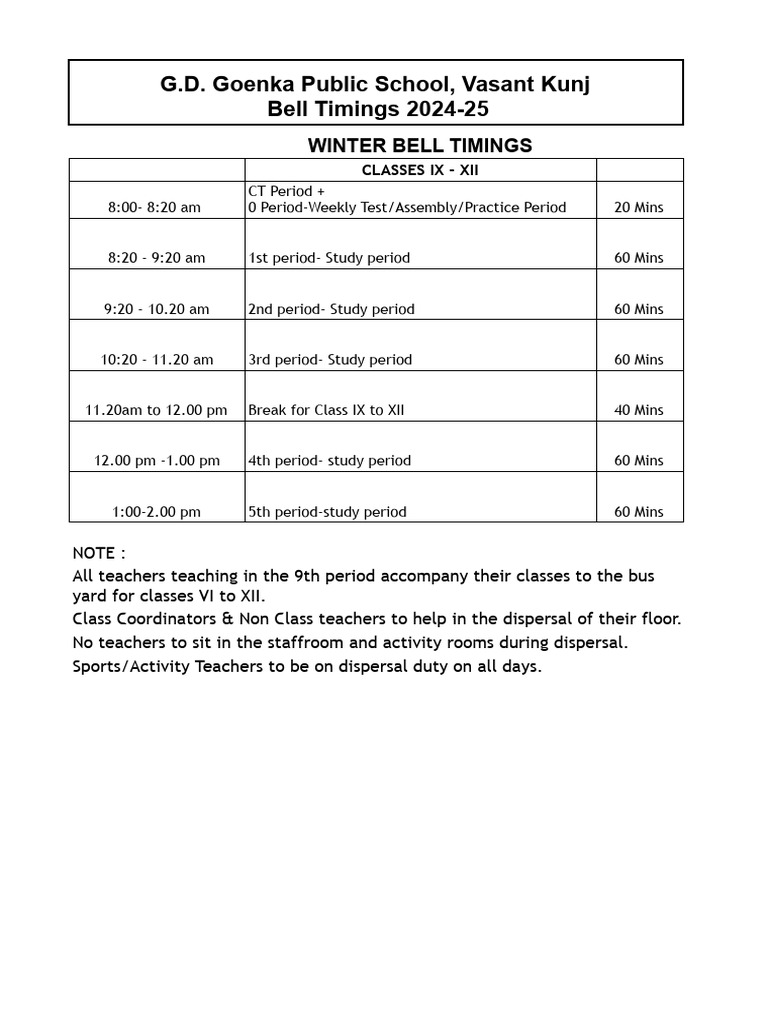 Winter Bell Timings Class Ix - Xii | PDF