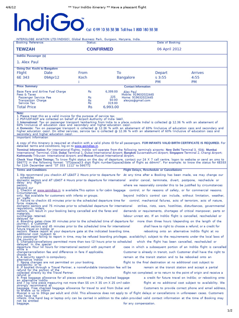 Indigo Flight Sample PDF | PDF | International Airport | Airport