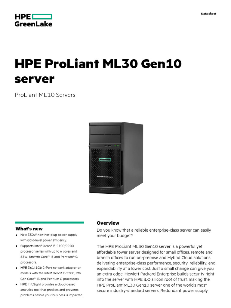 HPE ProLiant ML30 Gen10 - Datasheet | PDF | Solid State Drive | Computing