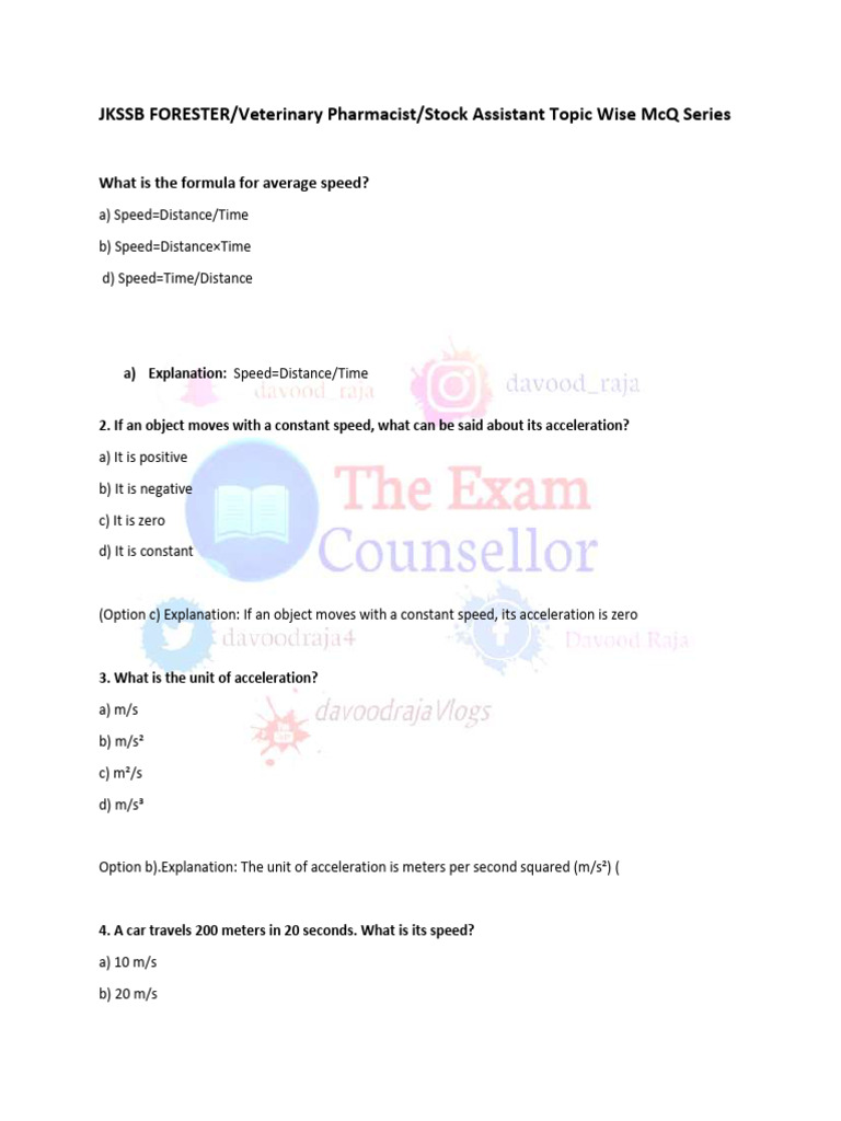 Forester MCQ Physics Set 01 | PDF | Velocity | Acceleration