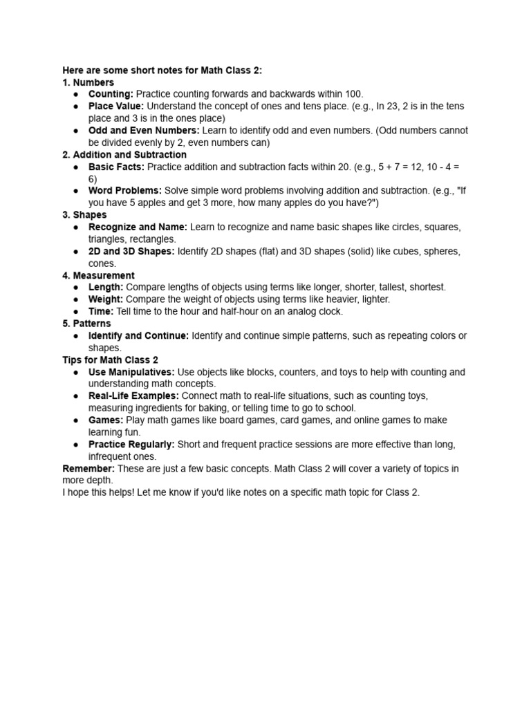 Short Note For Maths Class two | PDF