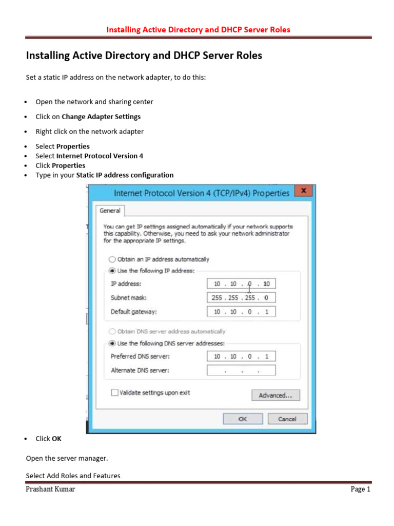 Installing Active Directory and DHCP Server Roles | PDF | Ip Address | Active Directory
