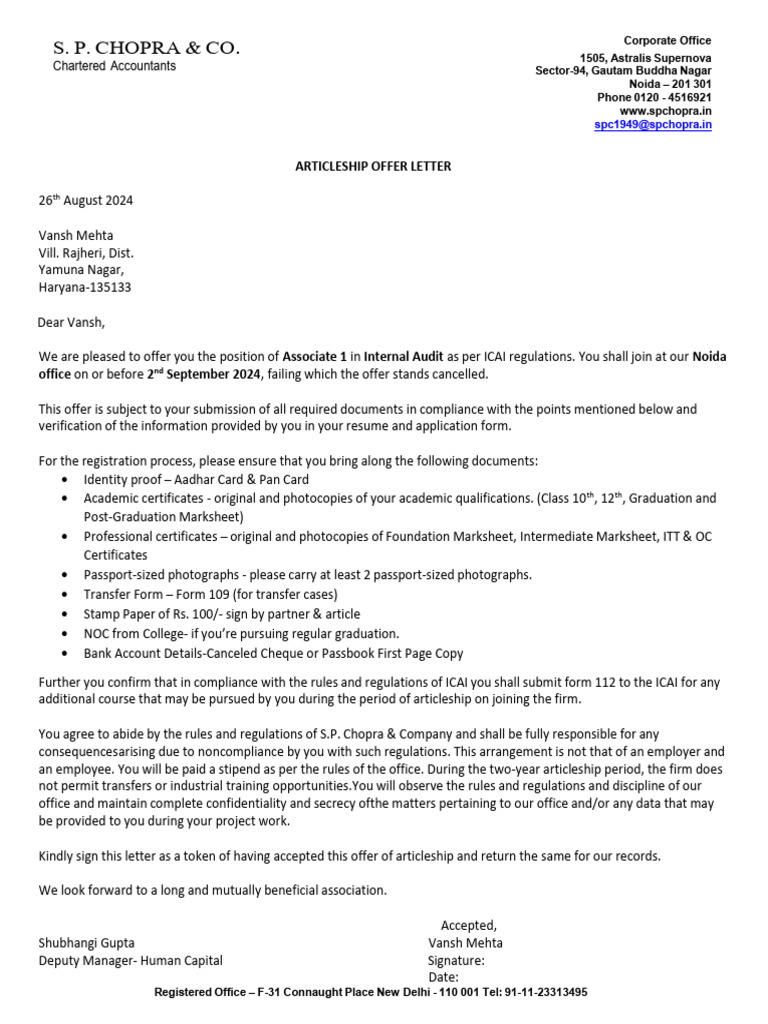 Articleship Offer at S.P. Chopra & Co. | PDF
