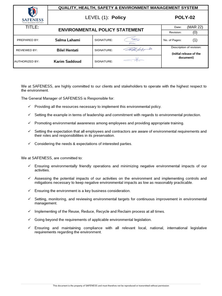 SAFENESS - POL-02 Environmental Policy Statement | PDF | Policy ...