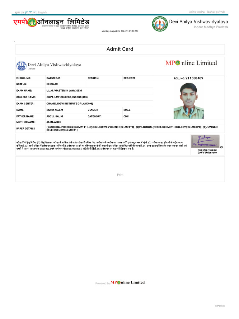 Admit Card - DAVV GNLC LLM Admit Card 3rd Sem | PDF
