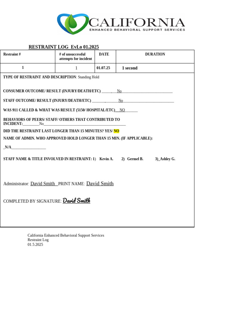 PaBe Restraint Log | PDF