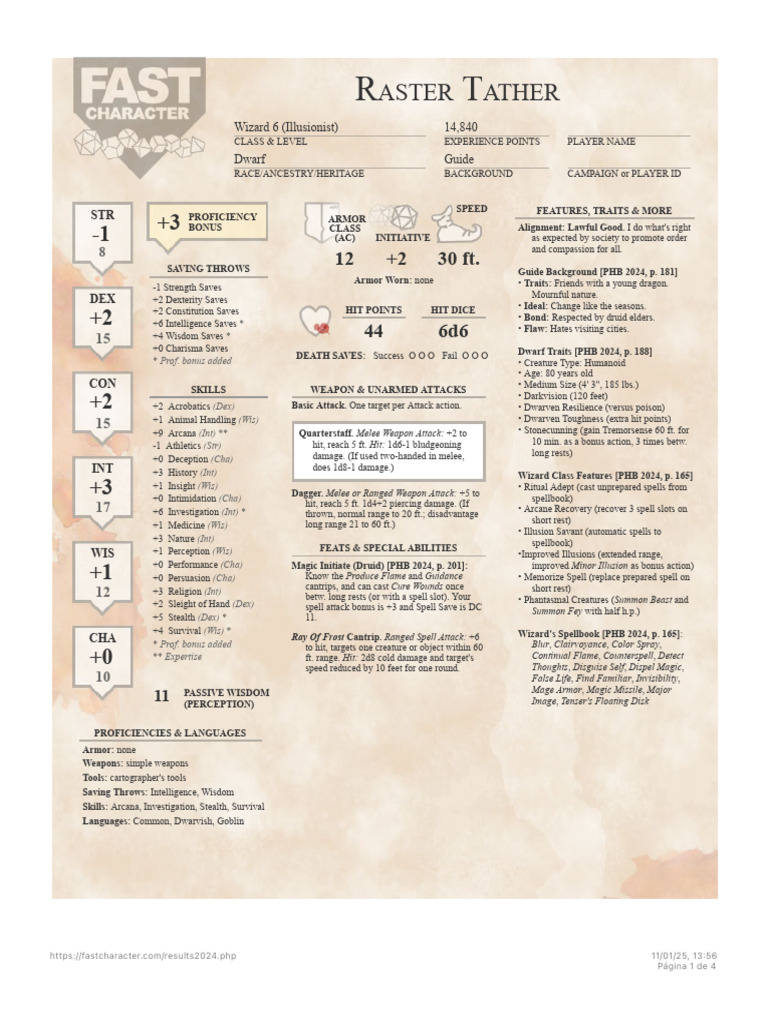 Fast Character - Dwarf Wizard 6 (Illusionist) - PHB 2024 | PDF ...