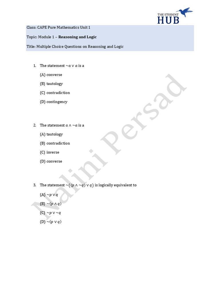Module 1 - Multiple Choice Practice | PDF | Real Number | Contradiction