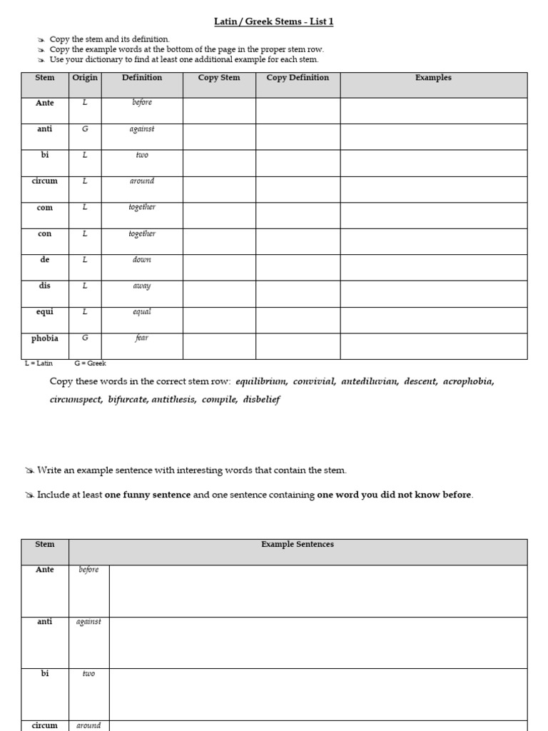 Latin Greek Stem Practice List 1 | PDF