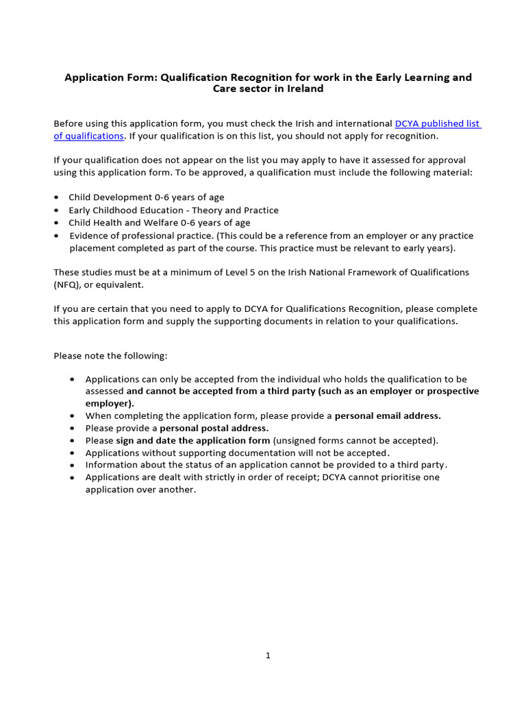 Application Form: Qualification Recognition For Work in The Early Learning and Care Sector in ...
