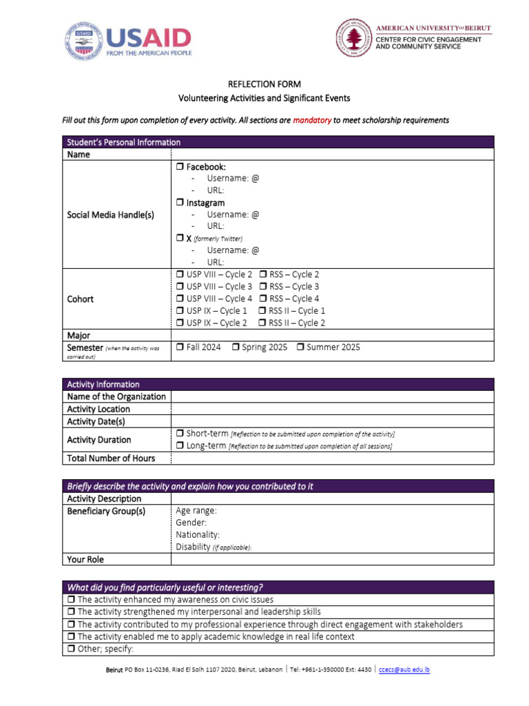 USAID HES - Volunteer Reflection Form 2024 2025 | PDF | Psychology ...