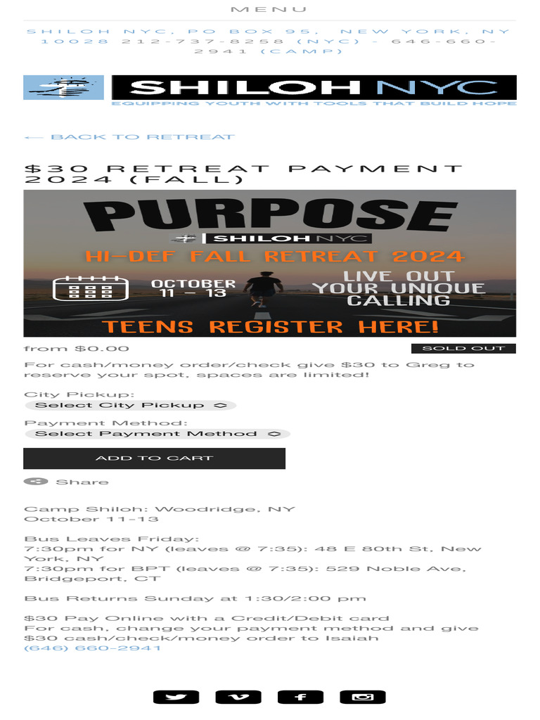 $30 Retreat Payment 2024 (Fall) - Shiloh NYC | PDF