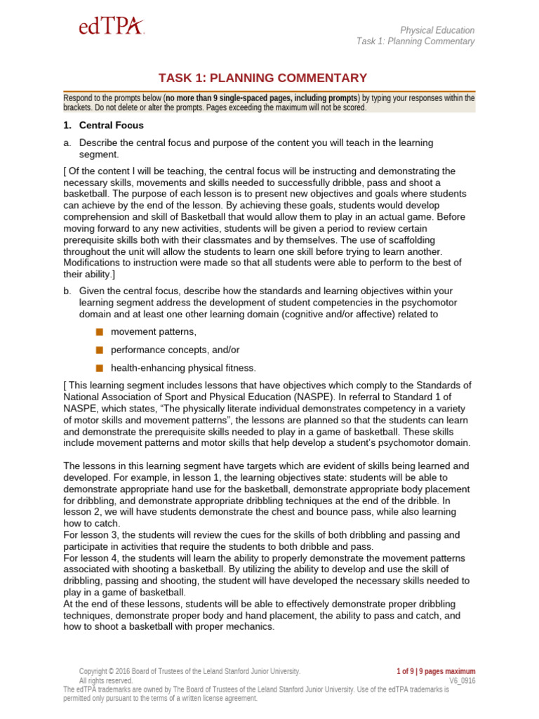 EdTPA Task 1 Planning Commentary | PDF | Learning | Reading Comprehension