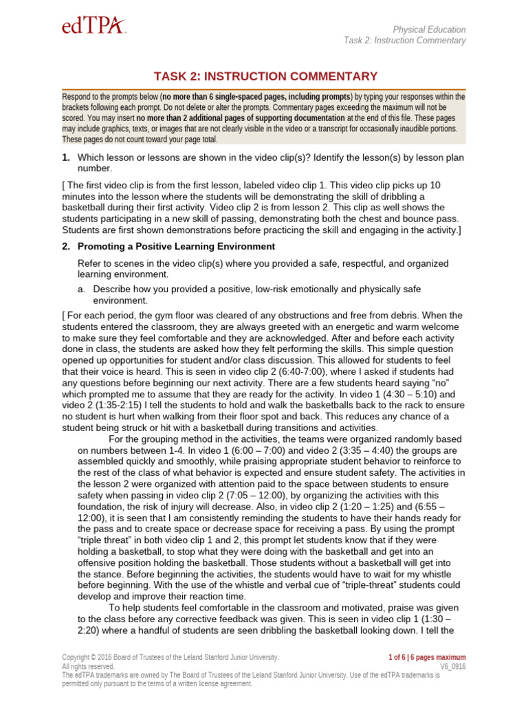 edTPA Task 2 Intruction Commentary | PDF | Learning | Cognition