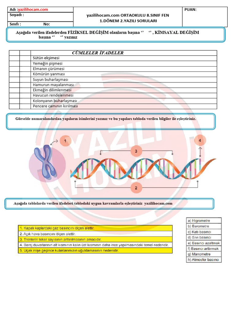 8.sinif Fen 1.dönem 2.yazili Sorulari - 3 | PDF