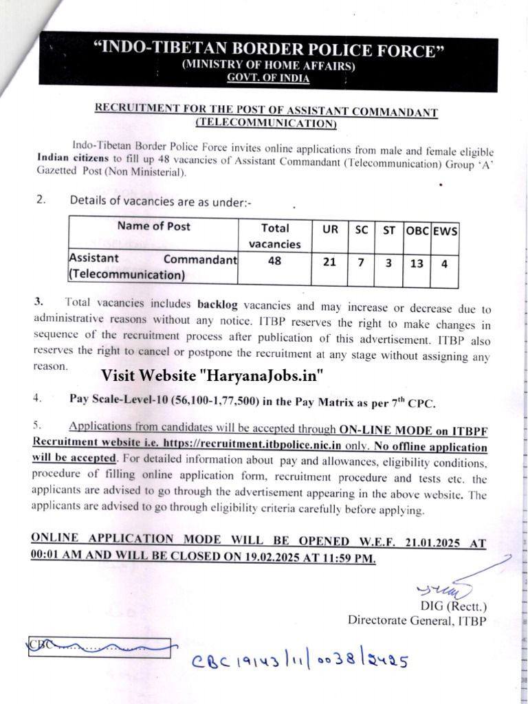 ITBP Assistant Commandant Telecom Recruitment 2025 Notice - Unlocked 1 | PDF