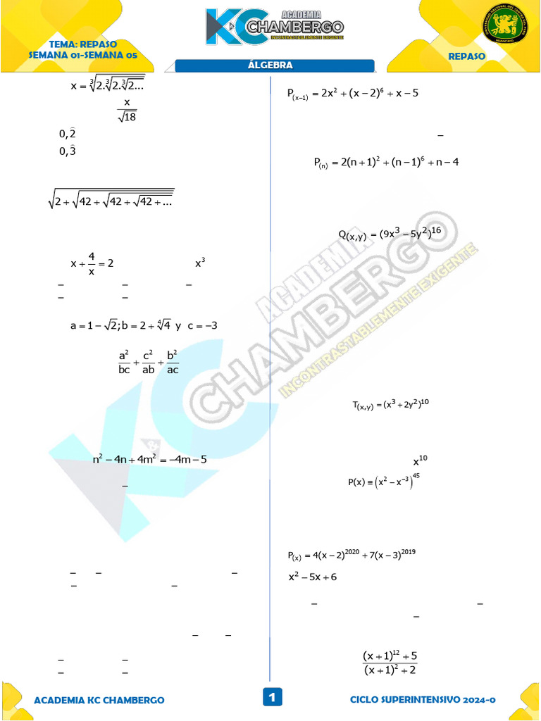 Álgebra Repaso s1 Academia KC Chambergo 11 03 24 | PDF | Factorización | Análisis numérico