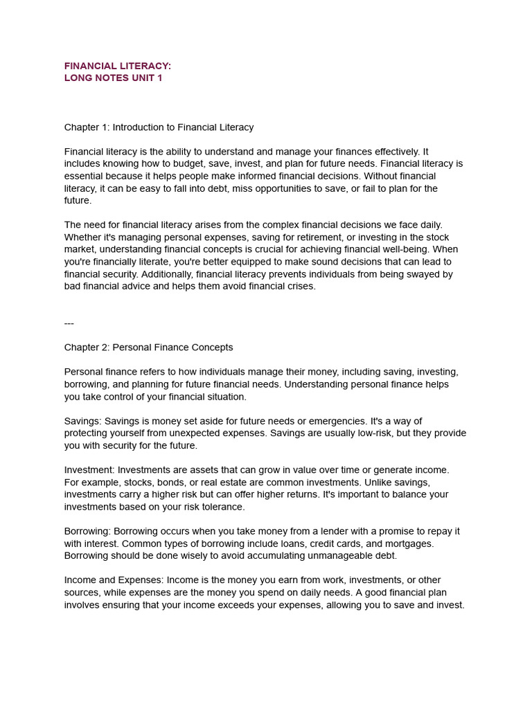 Financial Literacy Unit 1 Long Notes | PDF | Banks | Investing