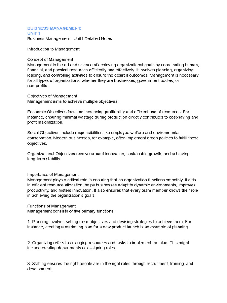 Buisness Management Unit 1 | PDF | Goal | Organizational Behavior