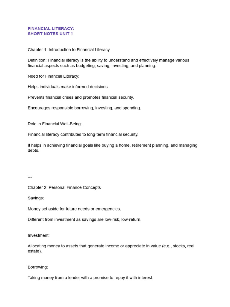 Financial Literacy Notes: Unit 1 Overview | PDF | Cost Of Living ...