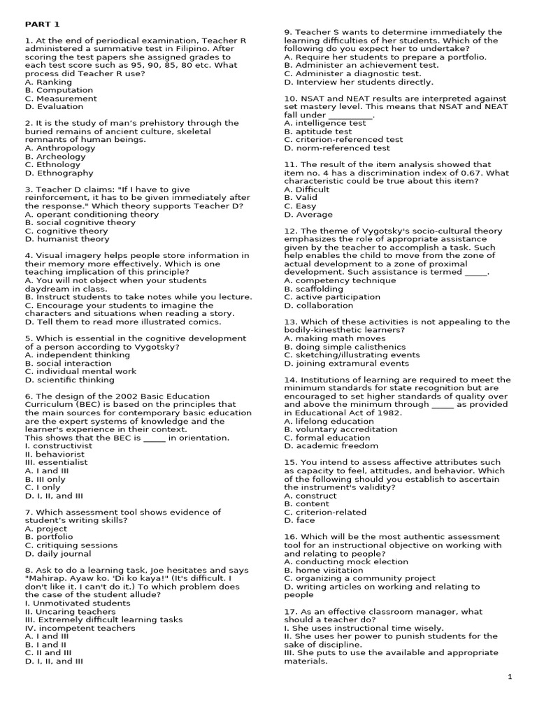 Prof. Ed Questionnaire With Answer Key | PDF | Teachers | Learning