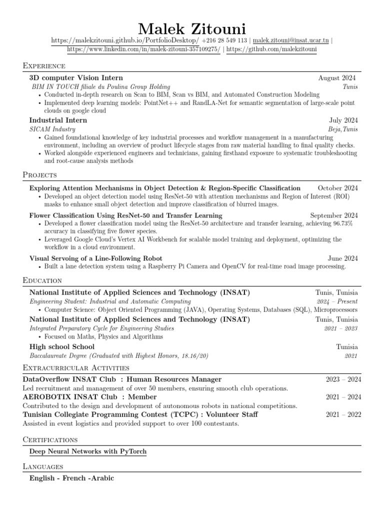 Malek_Zitouni_Resume | PDF | Deep Learning | Computer Vision