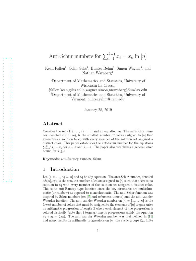 Anti-Schur Numbers For Sum I1k-1 X I X K in N | PDF | Mathematical ...