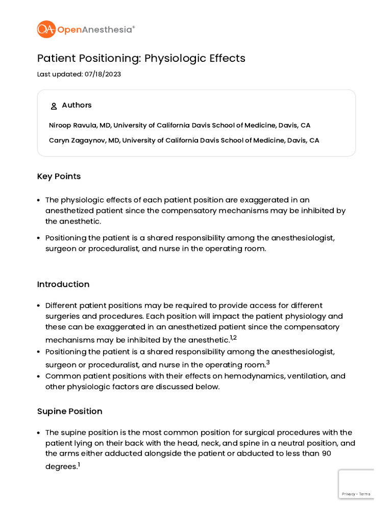 Positioning in Anaesthesia (Physiological Changes) | PDF | Anesthesia | Arm