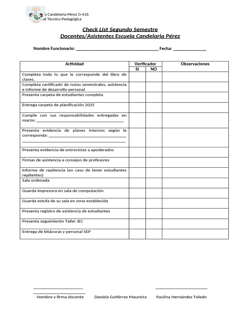 Check List Docente Segundo Semestre | PDF