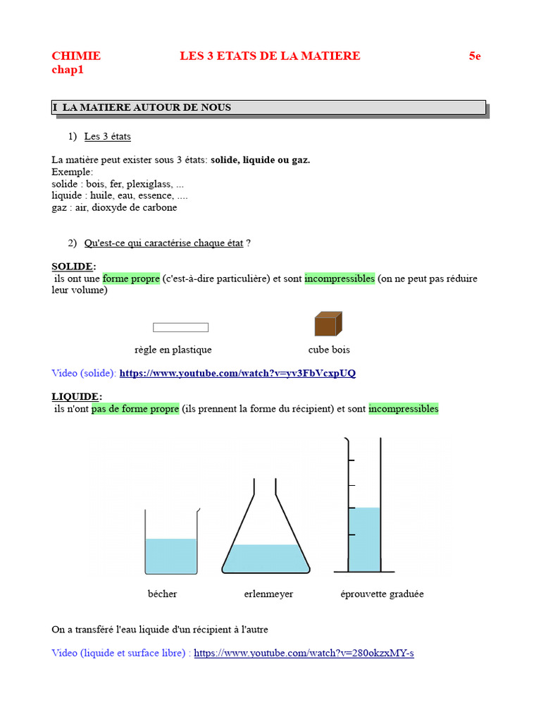 CHIMIE 5e - CHAP 1 Les 3 etats de la matiere -2024- | PDF | Gaz | Matière