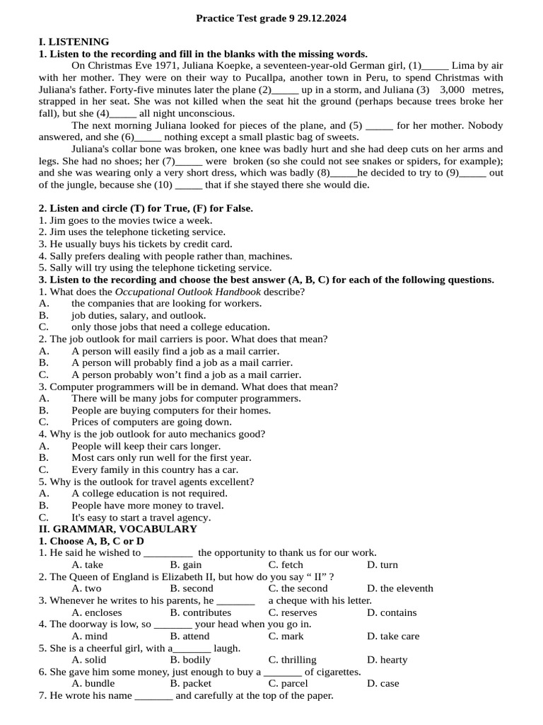 Practice Test grade 9 29.12.2024 | PDF