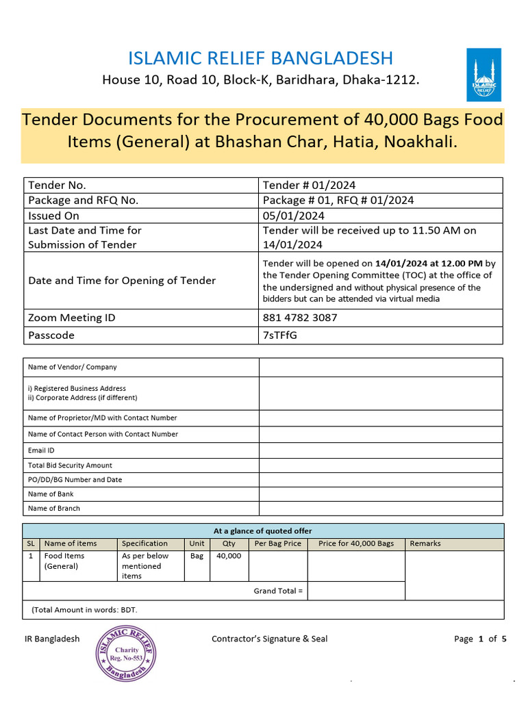 Package 01 of Tender 01 in 2024, Basic Food Items at Bashan Char | PDF ...
