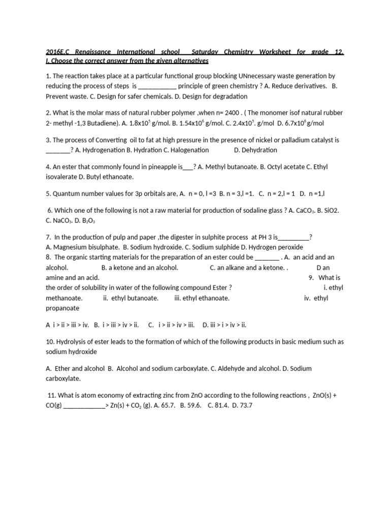 S. Chemistry G-12 Worksheet | PDF | Atoms | Electron