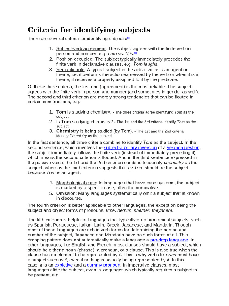 Criteria for identifying subjects | PDF | Subject (Grammar ...