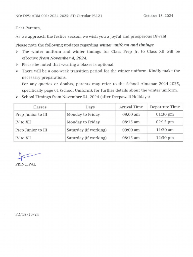 OD - Winter Uniform & School Timings For Students From 4.11.24 | PDF
