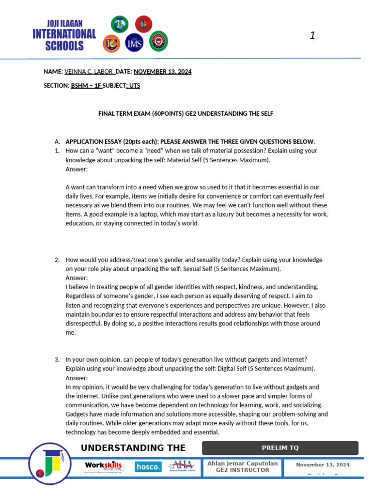 GE 2 Understanding the Self Final term TQ | PDF | Gender | Gender Studies