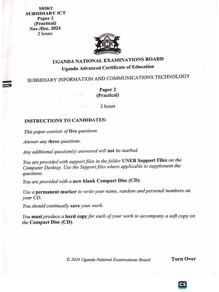Subsidiary Information and Communication Technology Practical Paper 2 a Level 2024 | PDF