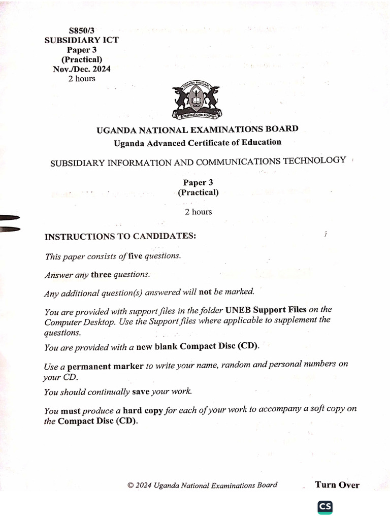 Subsidiary Ict Paper 3 Practical A Level 2024 | PDF