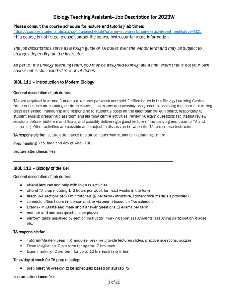 Biology Teaching Assistant Job Duties 2023 | PDF | Teaching Assistant ...