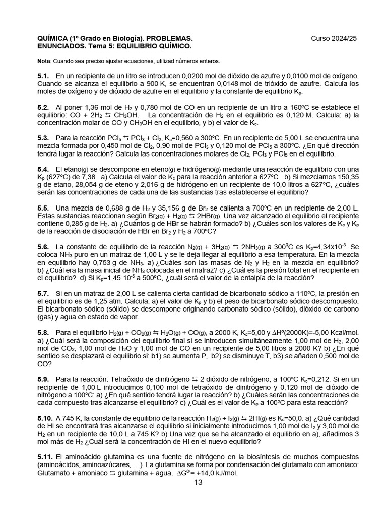 Hoja de Problemas Tema 5 | PDF | Equilibrio químico | Amoníaco
