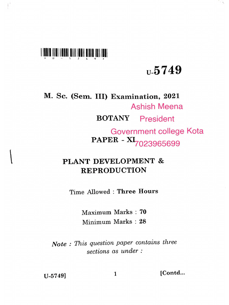 M SC Botany 3rd Semester Old Question Paper 2021 PDF Ashish Meena | PDF