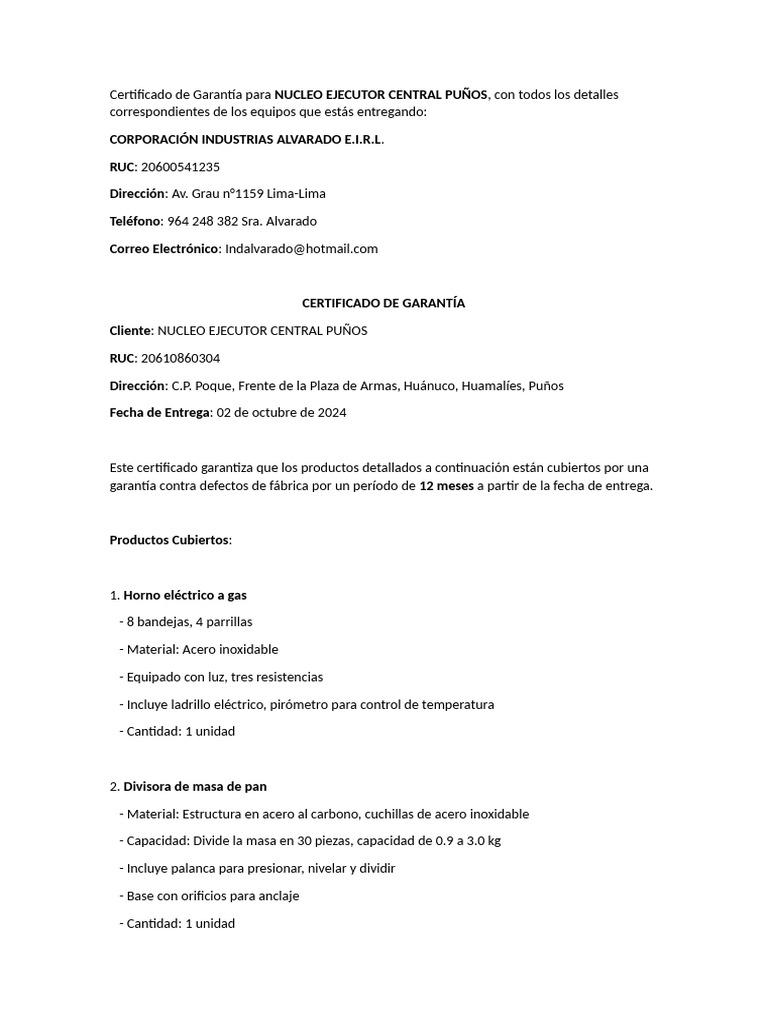 Certificado de Garantía WORD PLANTILLA | PDF | Acero | Materiales