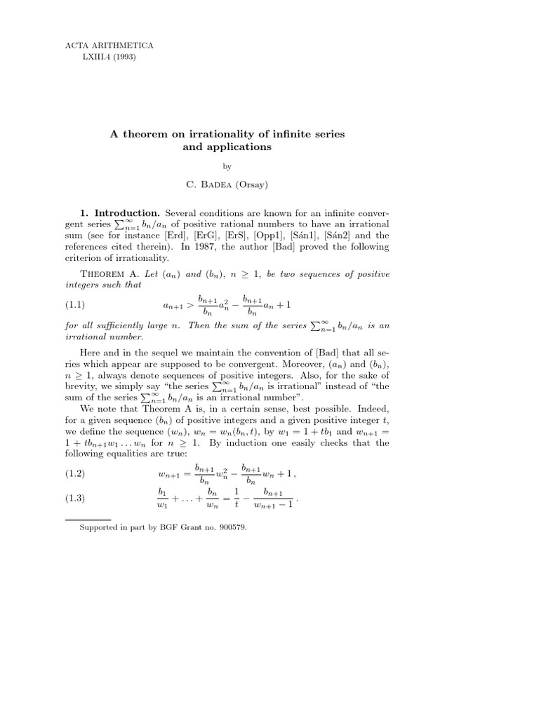 A Theorem On Irrationality of Infinite Series | PDF | Sequence | Series ...