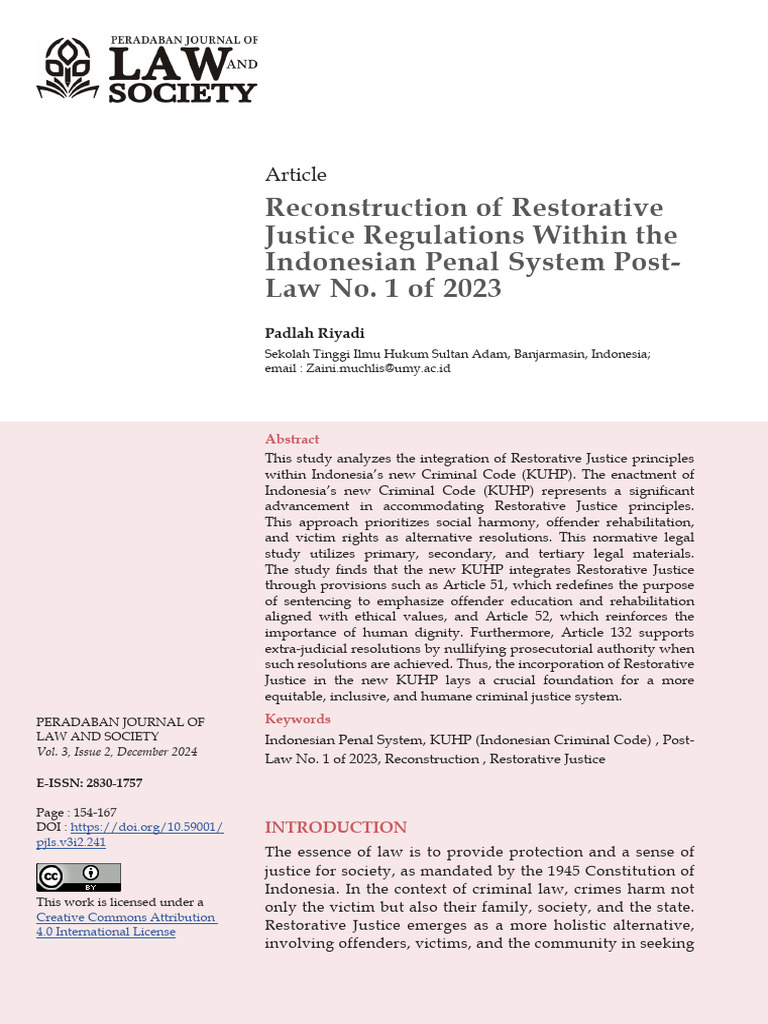 Reconstruction of Restorative Justice Regulations Within the Indonesian Penal System Post Law No ...