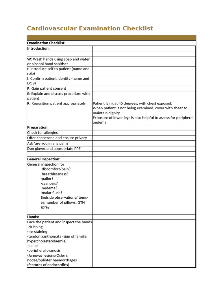Cardiovascular Exam Checklist Guide | PDF | Pulse | Heart