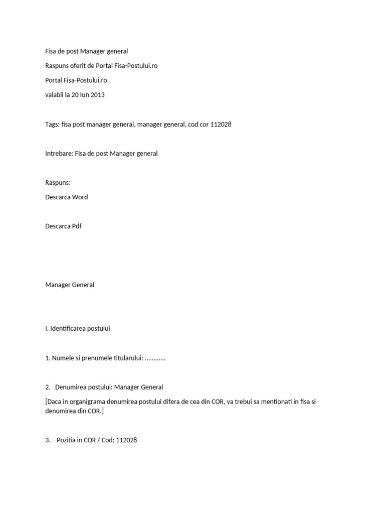 Fisa de Post Manager General | PDF