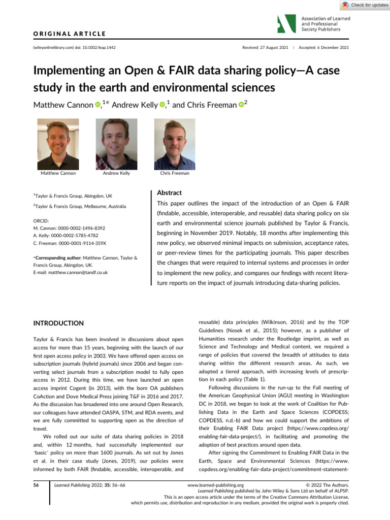 Learned Publishing - 2022 - Cannon - Implementing an Open FAIR Data Sharing Policy a Case Study ...